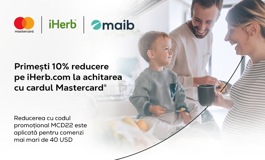 Achită pe iHerb.com cu cardul Mastercard de la maib și ai 10% reducere la coșul de cumpărături ...