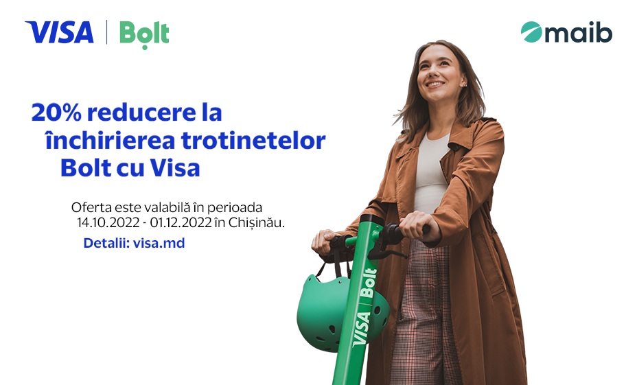 Cu cardul Visa de la maib beneficiezi de 20% reducere la plimbările cu trotinetele electrice ...