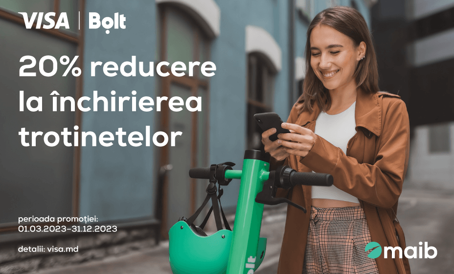 Adio, ambuteiaje. Cu cardul Visa de la maib, ai 20% reducere la plimbările cu trotinetele Bolt ...