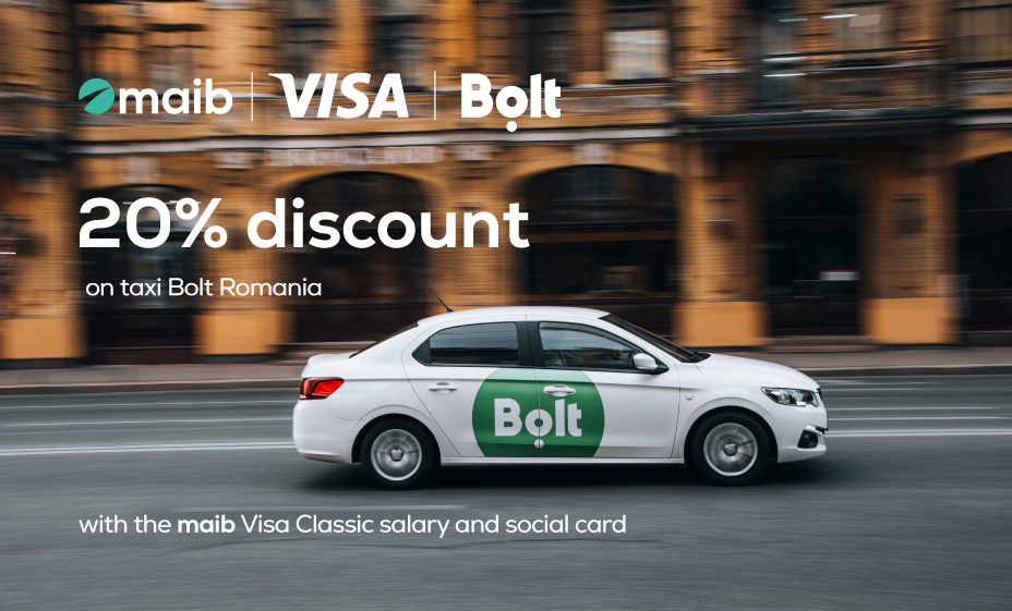 Enjoy 20% discount on Bolt Taxi trips in Romania with maib salary and social cards | maib