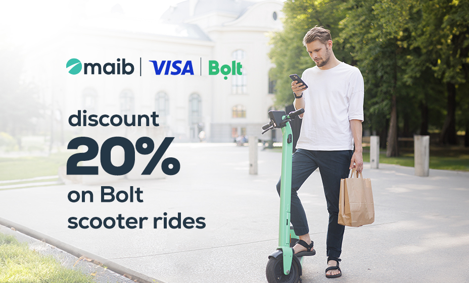 With the maib Visa card, you get a 20% discount on Bolt scooter rides | maib